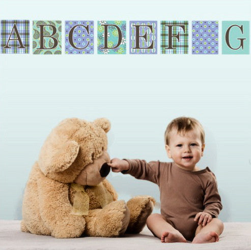 Alphabet Block Wall Decals in Pastel Turquoise, Green, Lilac, and Brow