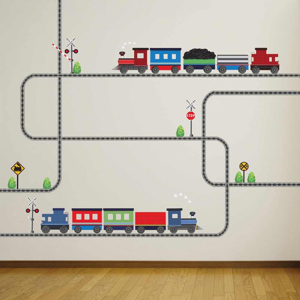 Train Wall Decals with Straight and Curved Railroad Track Col 1