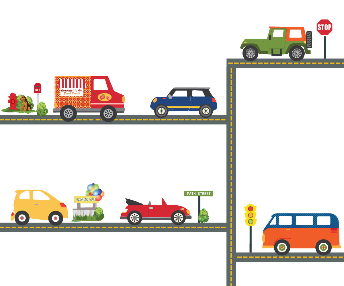 Adventure Car Wall Decals and Straight Road, Eco-Friendly Reusable Fab