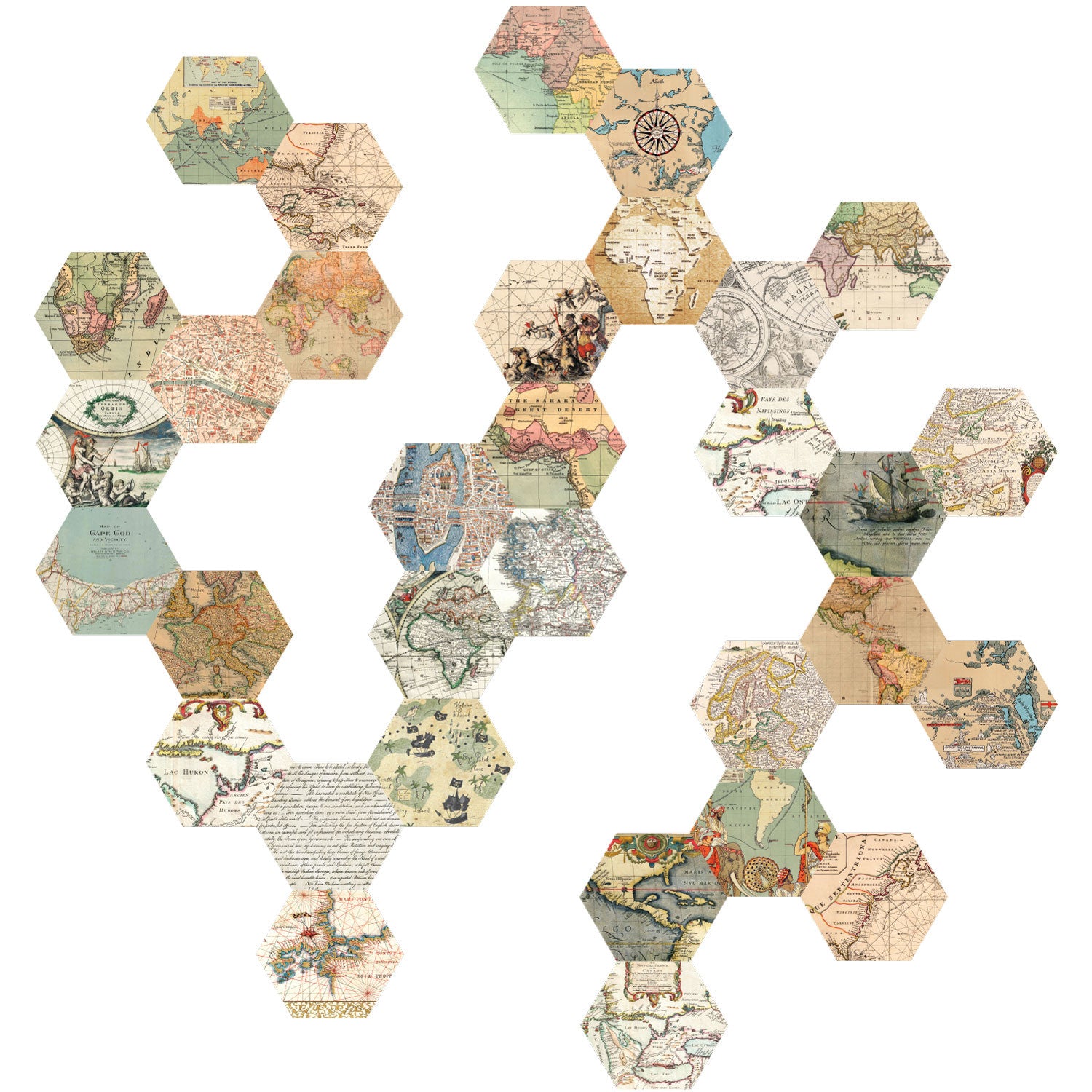 32 Hexagon Map Wall Decals, Peel and Stick Vintage World Map Decals