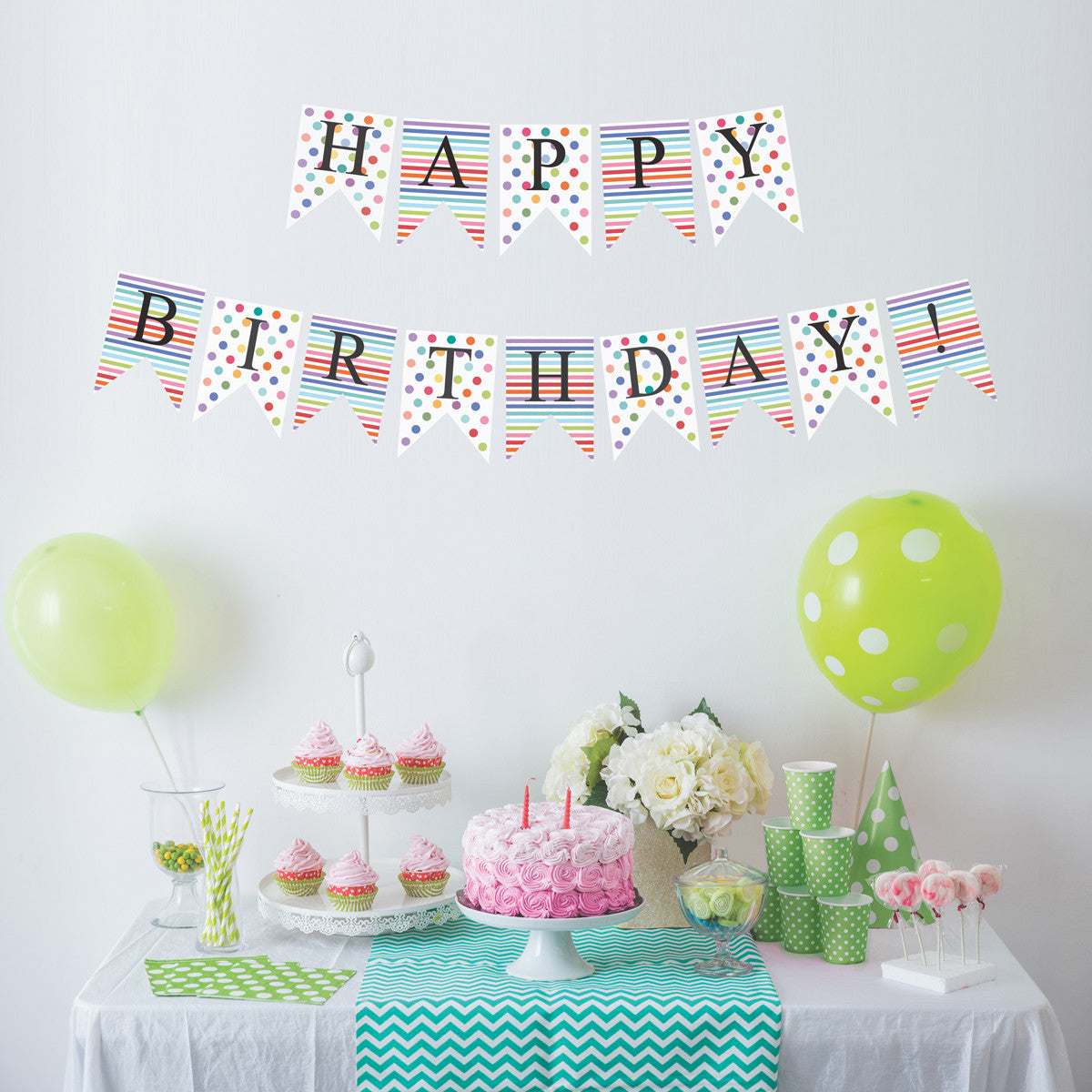 Happy Birthday Bunting Flags and Balloon Wall Decals, Eco-Friendly Par