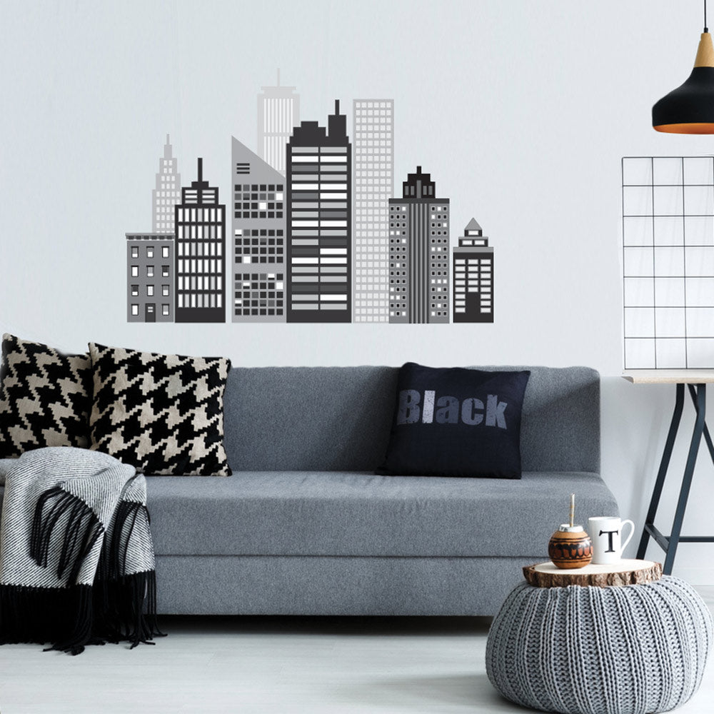 Cityscape Wall Decals, Black and White City Skyline Wall Decals with C