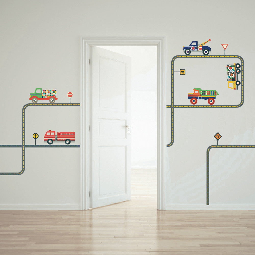 Terrific Trucks and Gray Road Wall Decals Curved and Straight