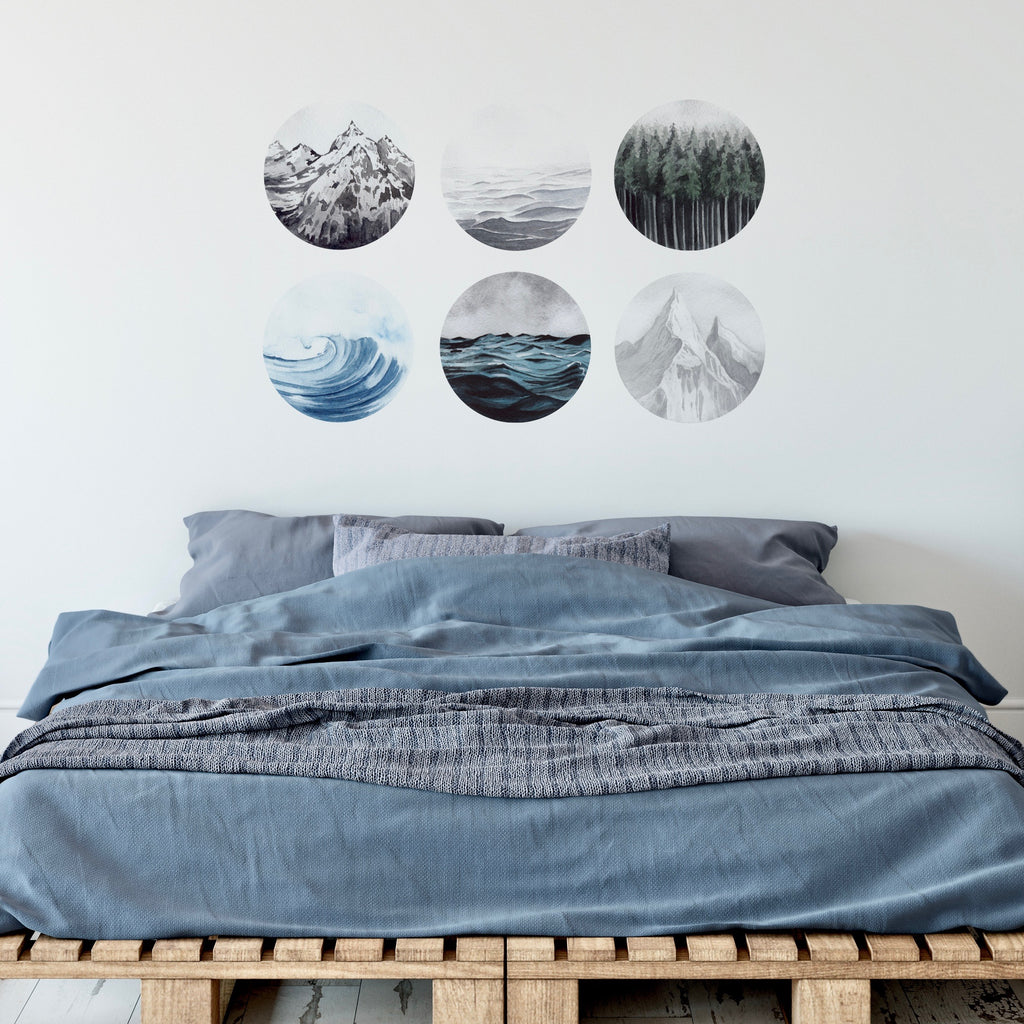 Forest Ocean Mountains Watercolor Art Decals Six 12" Round Fabric Wall