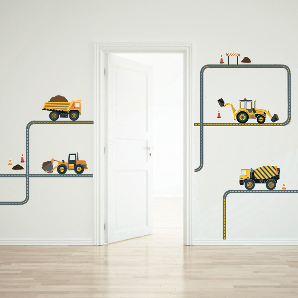 Four Construction Vehicle Wall Decals with Curved and Straight Gray Ro