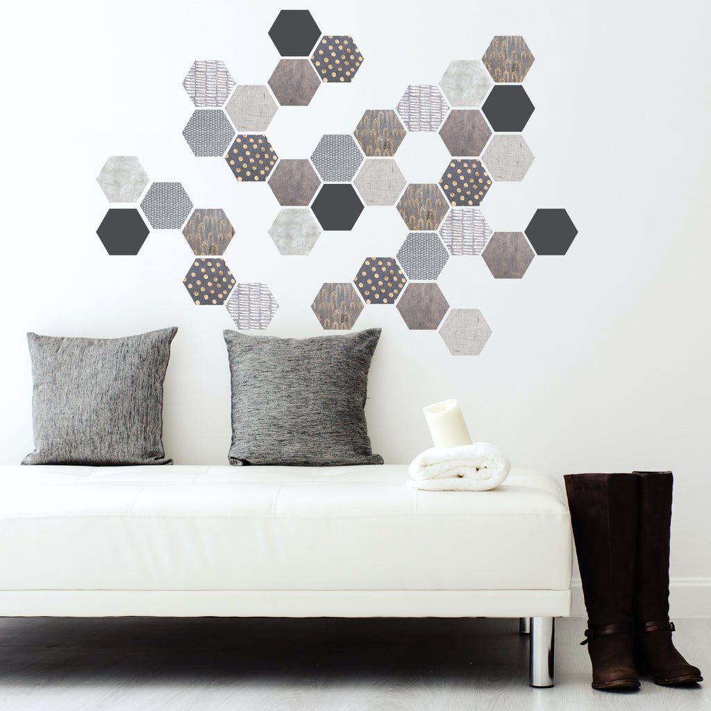 Hexagon Wall Decals, 36 Mod Textured Hexagon Decals, Honeycomb Wall St