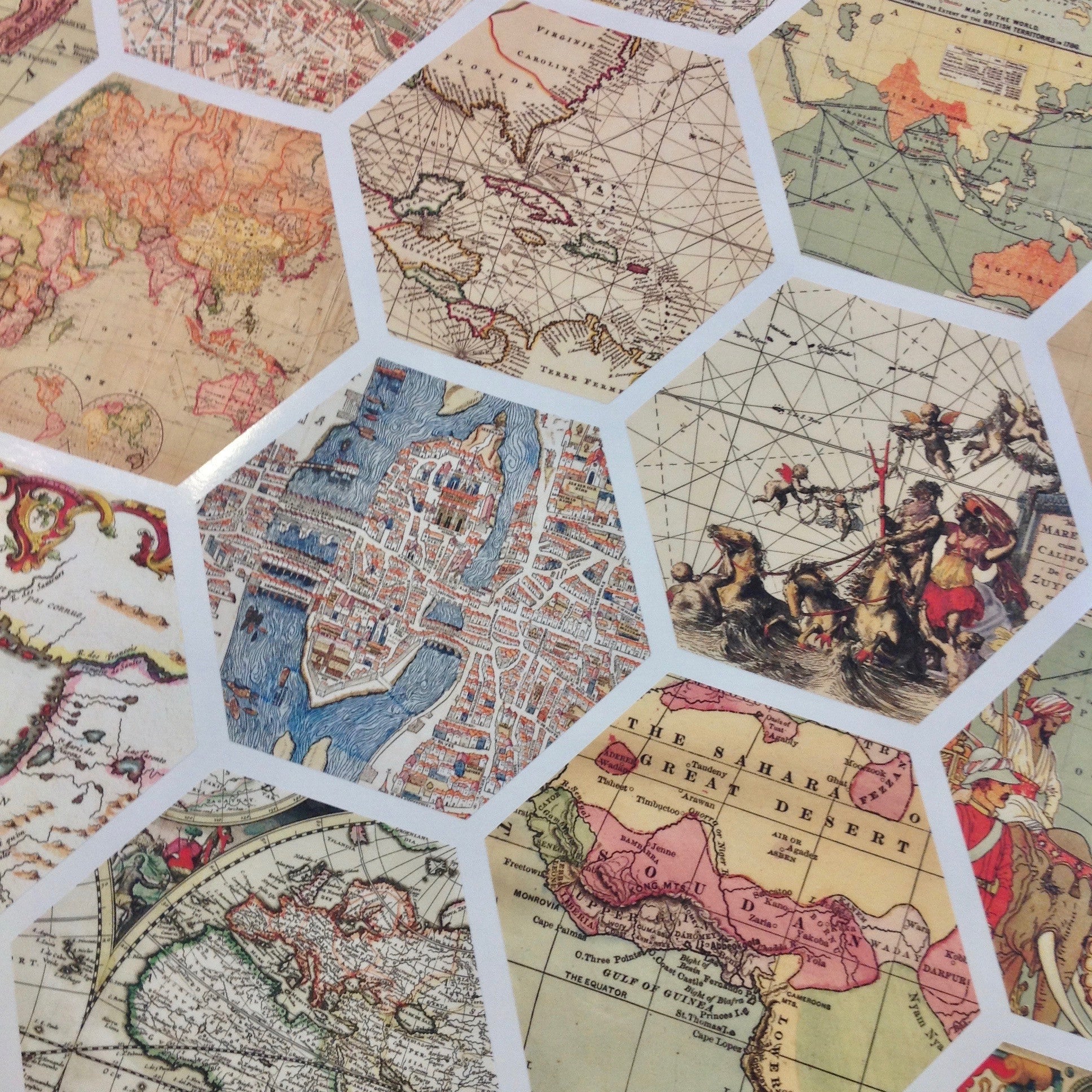 32 Hexagon Map Wall Decals, Peel and Stick Vintage World Map Decals