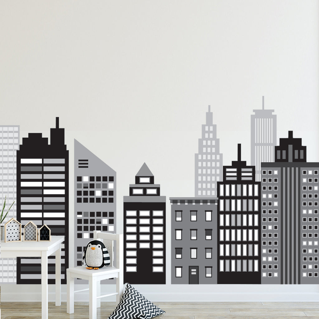 Large Cityscape Wall Decals, Black and White City Skyline Wall Decals,