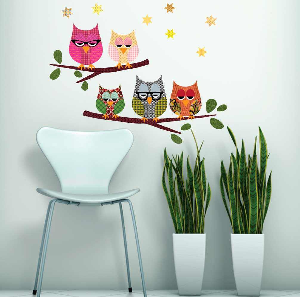 Owl Decals Five Owls on Branch Wall Decals, Eco-Friendly Fabric Wall S