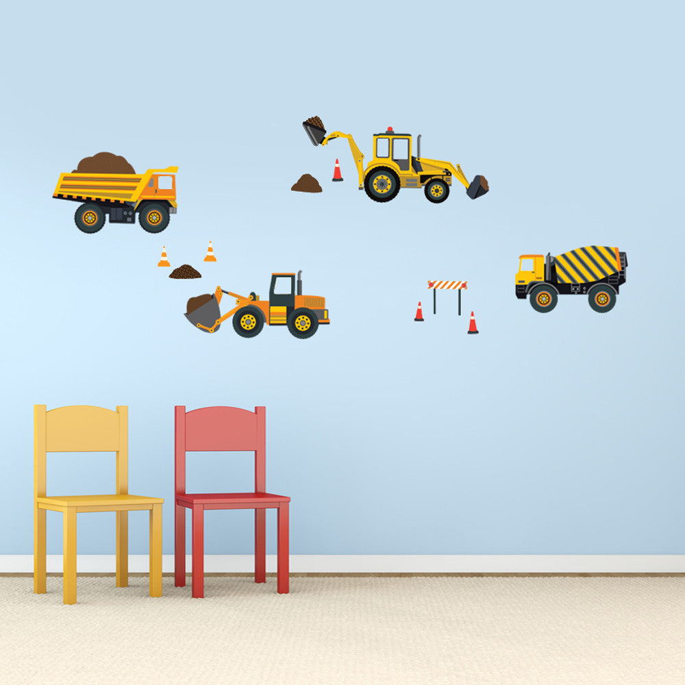 Four Construction Vehicle Wall Decals, Eco-Friendly Fabric Wall Sticke