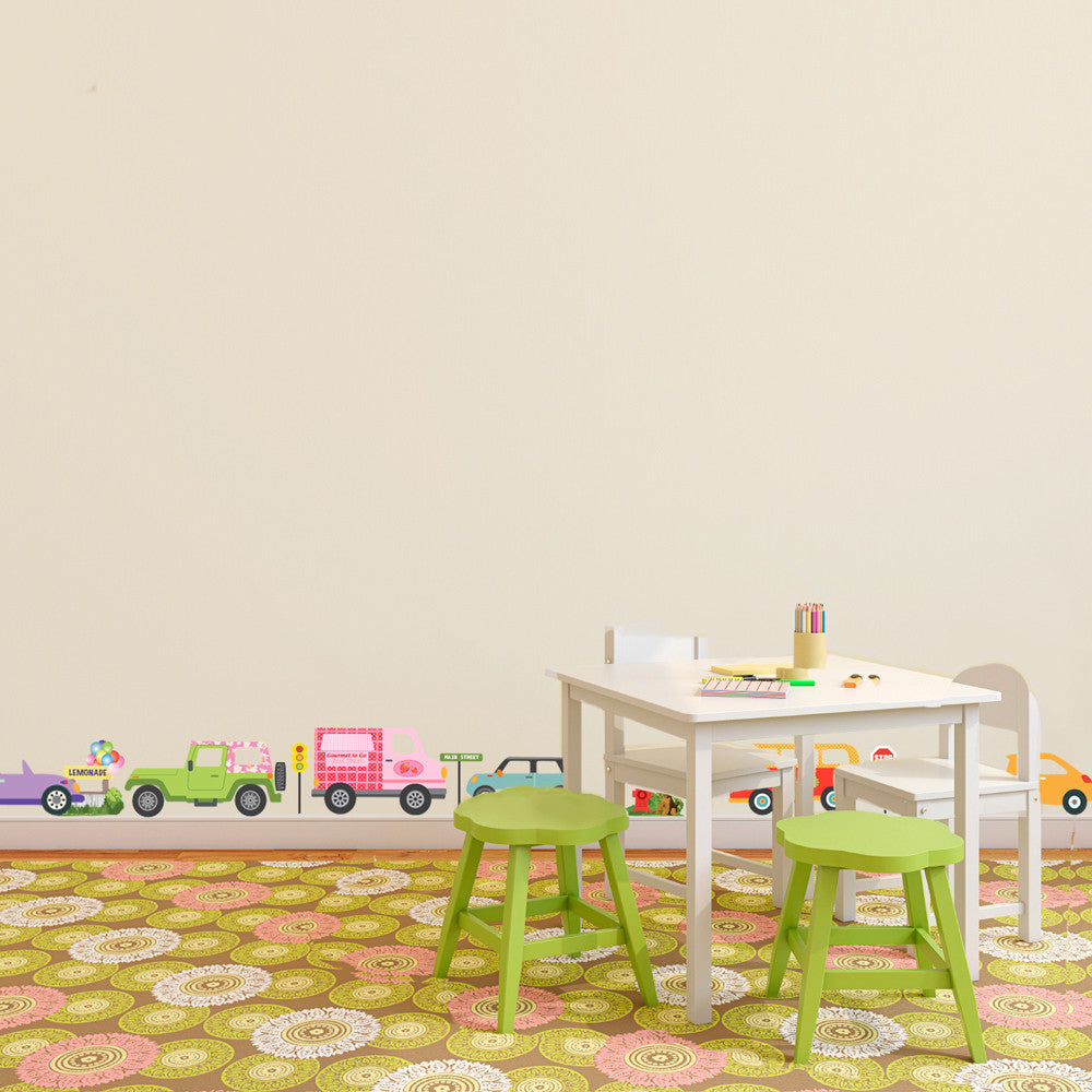 Colorful Girls Adventure Cars Wall Decals, Eco-Friendly Matte Wall Sti