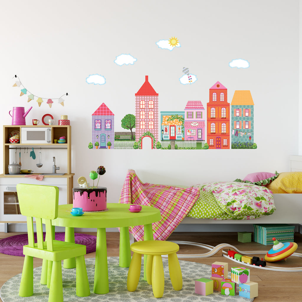 Girl's Dollhouse Town Wall Decals, Removable and Reusable Peel and Sti