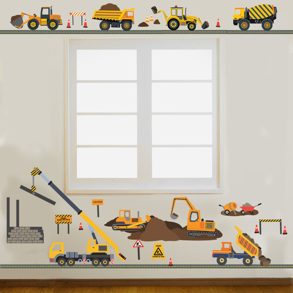 Four Construction Vehicle Wall Decals with Straight Gray Road and Large ...