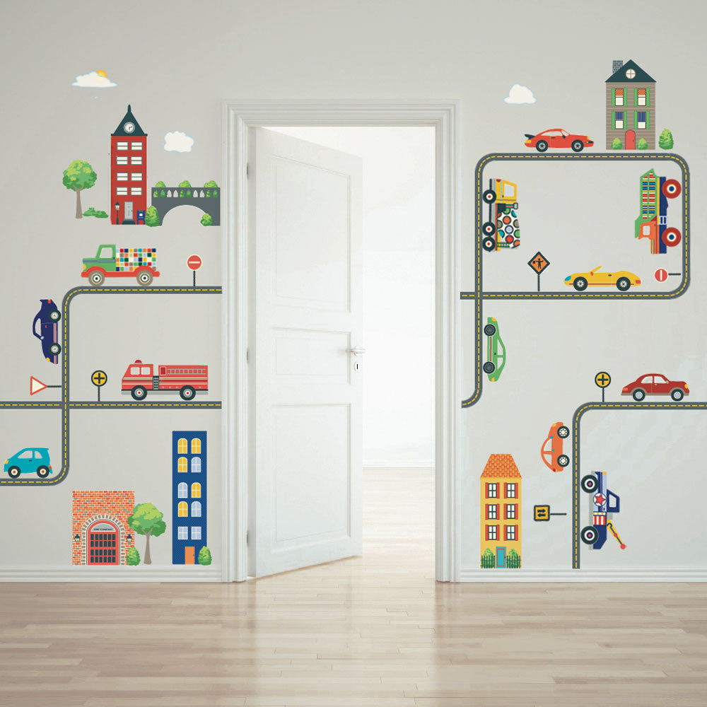 Cars and Truck Wall Decals, Busy Transportation Town, Gray Road Wall ...
