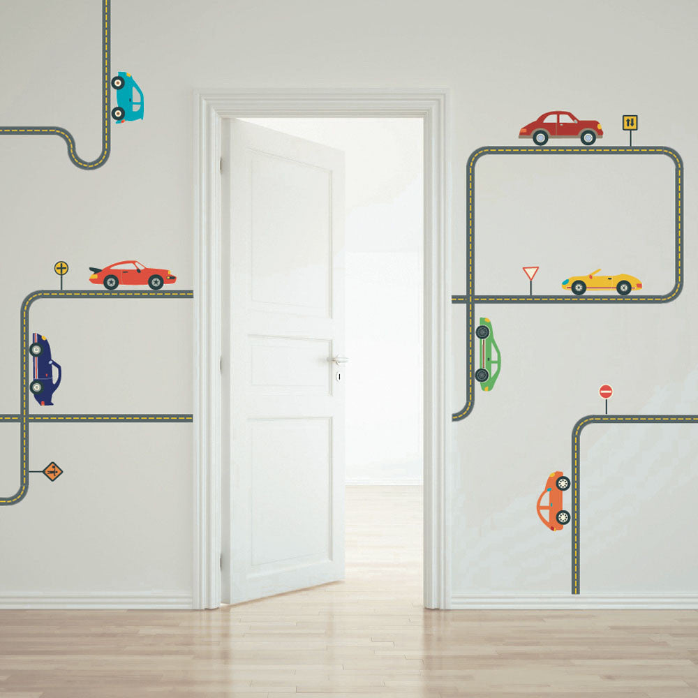 Cool Cars Wall Decals with Gray Road Curved and Straight, Eco-Friendly