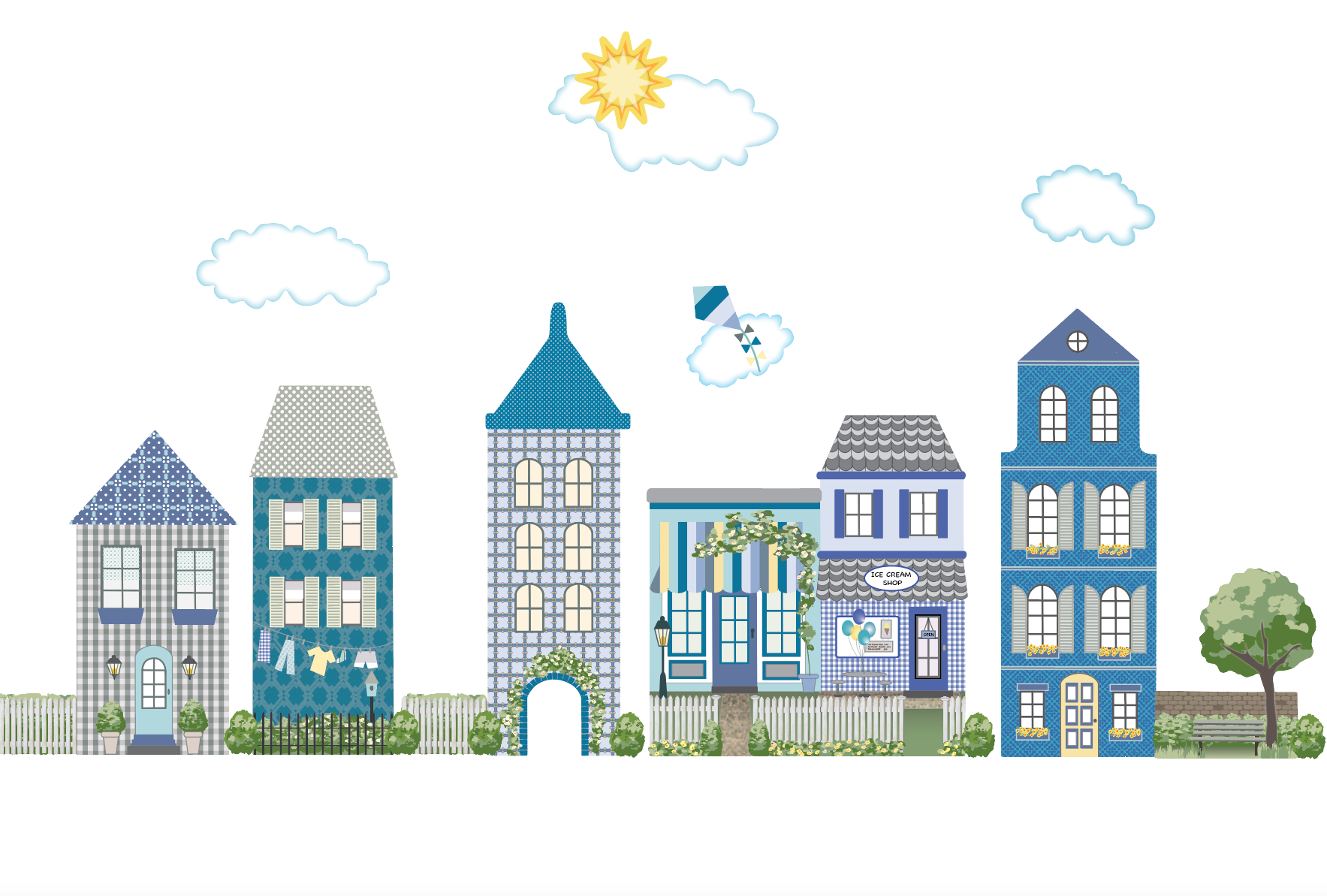 Large Town Wall Decals, Hot Air Balloons & Cloud Wall Decals, Nursery