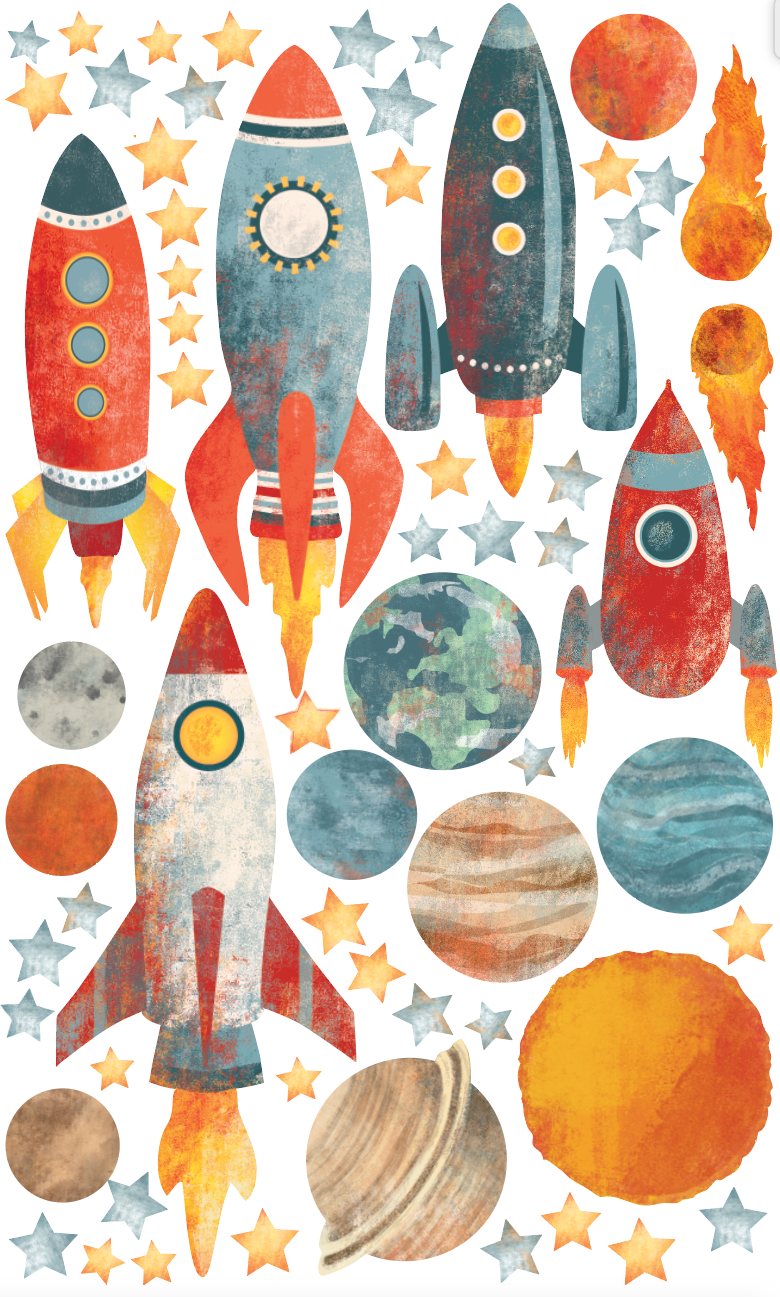 Spaceship Wall Decals, Outer Space Rocket Decals, Star and Planet Wall