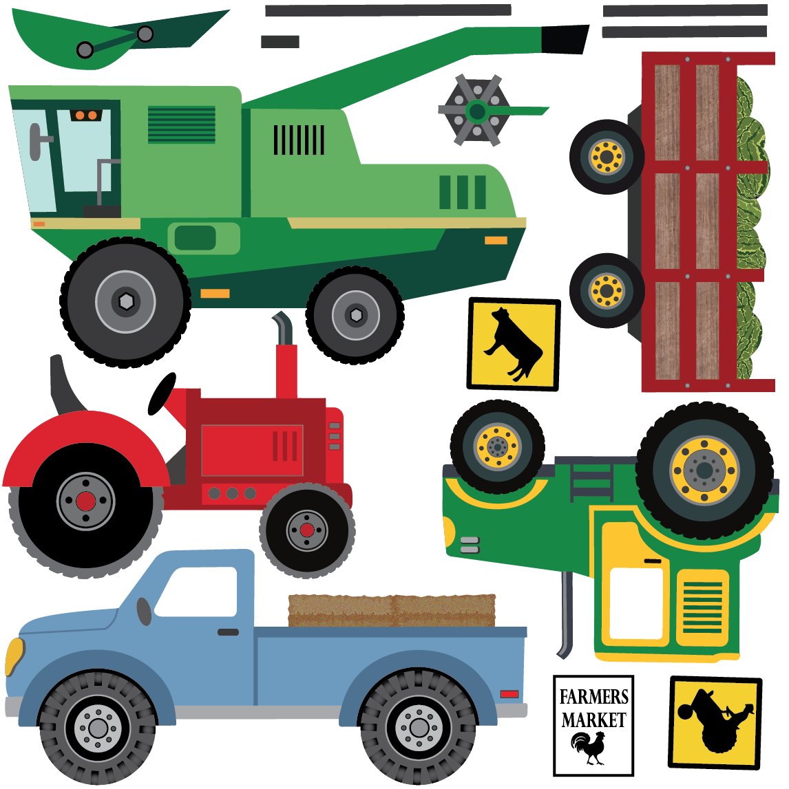 Four Farm Vehicle Wall Decals, Eco-Friendly Reusable Fabric Wall Stick