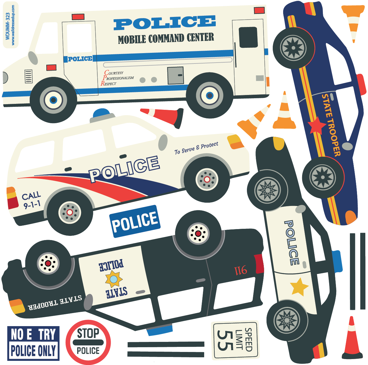 Five Police Vehicle Wall Decals, Straight & Curved Road, Eco-Friendly