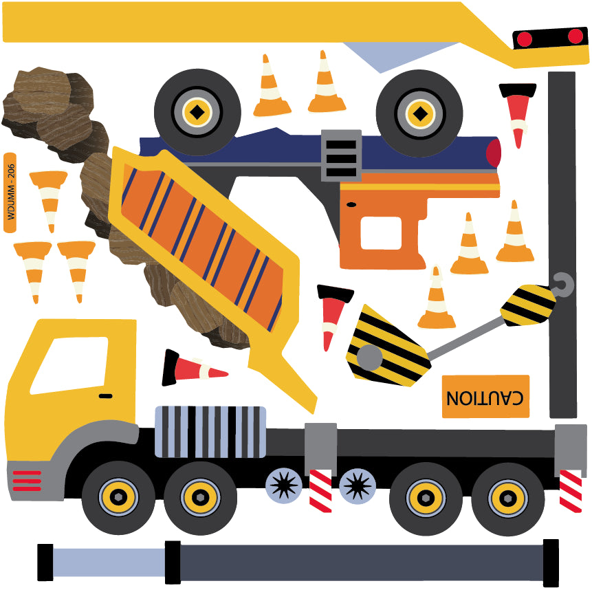 Four Construction Vehicle Wall Decals with Straight Gray Road and Large ...