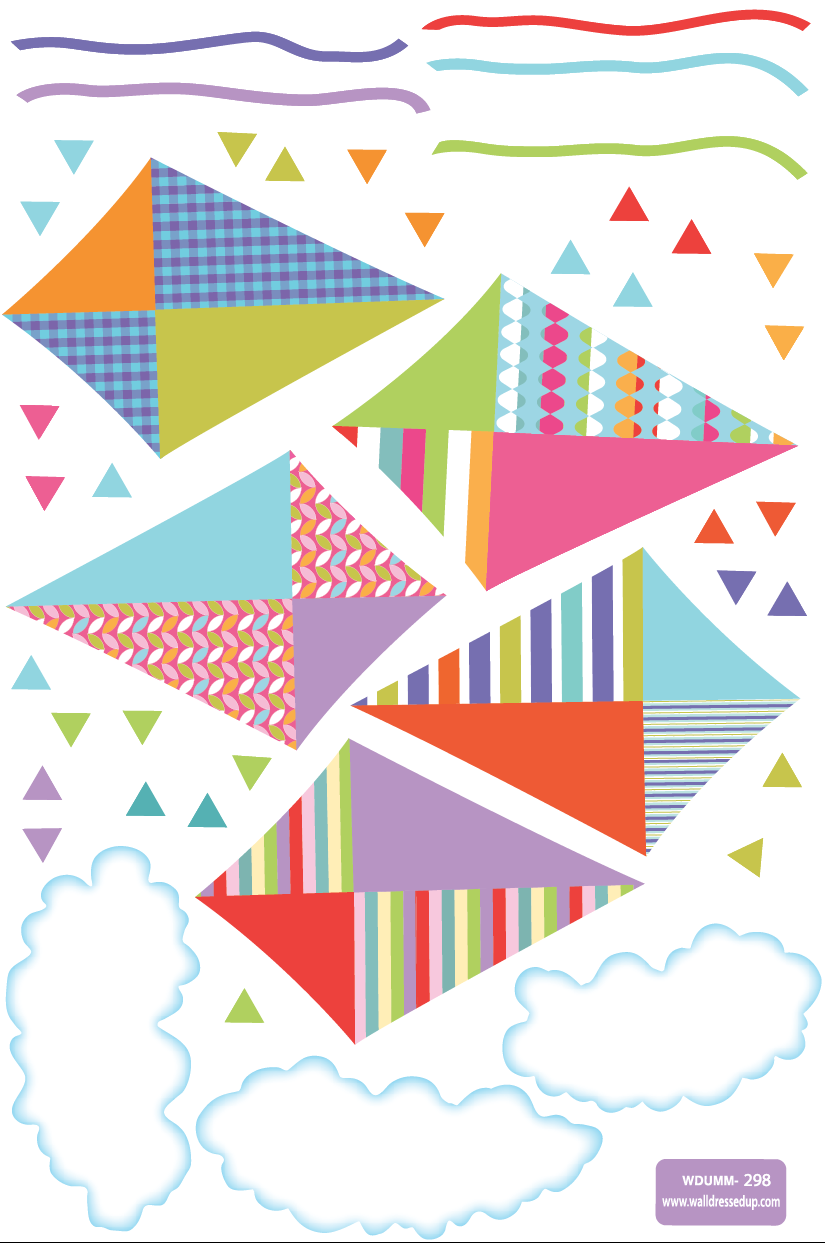 Multicolor Kite Wall Decals with Clouds, Reusable Eco-Friendly Wall St