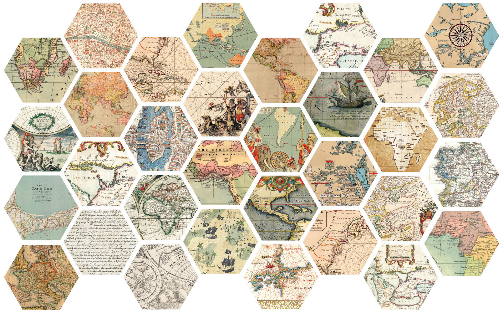 32 Hexagon Map Wall Decals, Peel and Stick Vintage World Map Decals