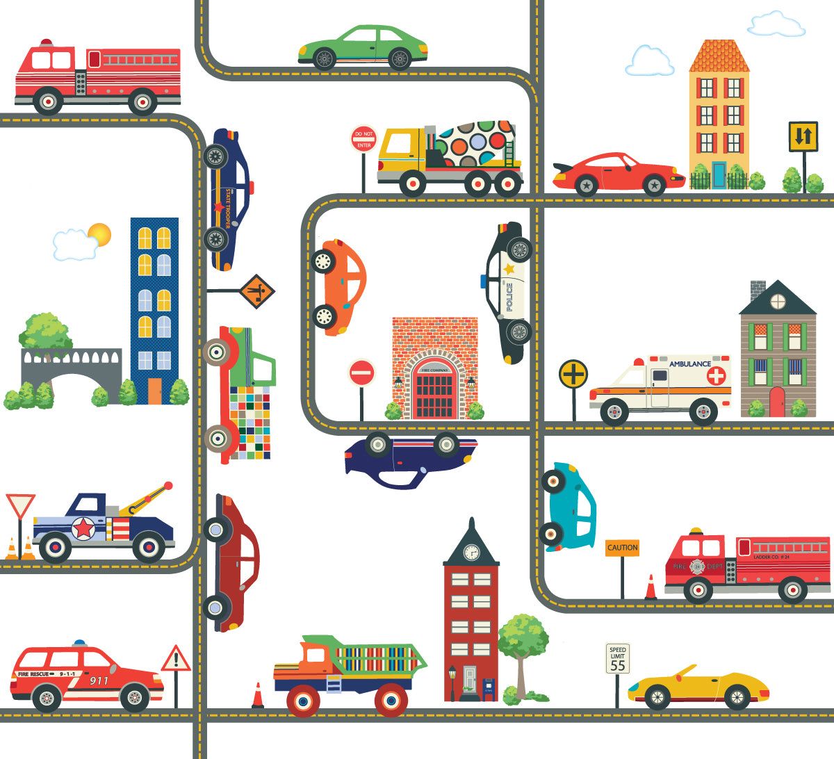 Busy Transportation Town Wall Decals, Eco-Friendly Reusable Wall Stick