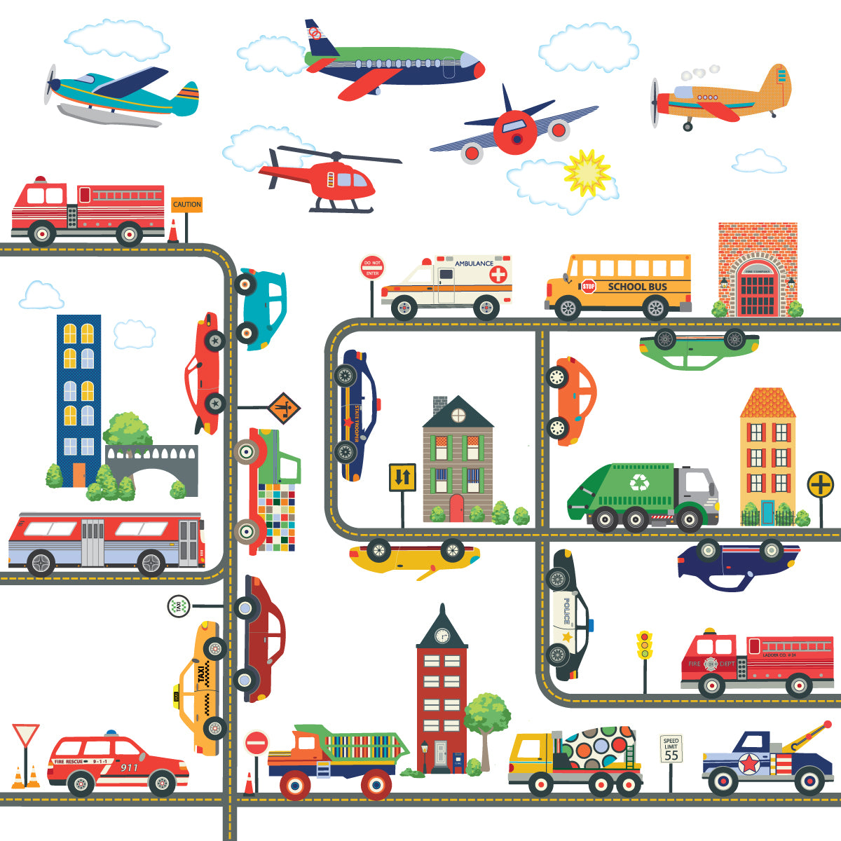 Transportation Wall Decals Town EMS Cars Taxi Bus Trucks Planes & Road