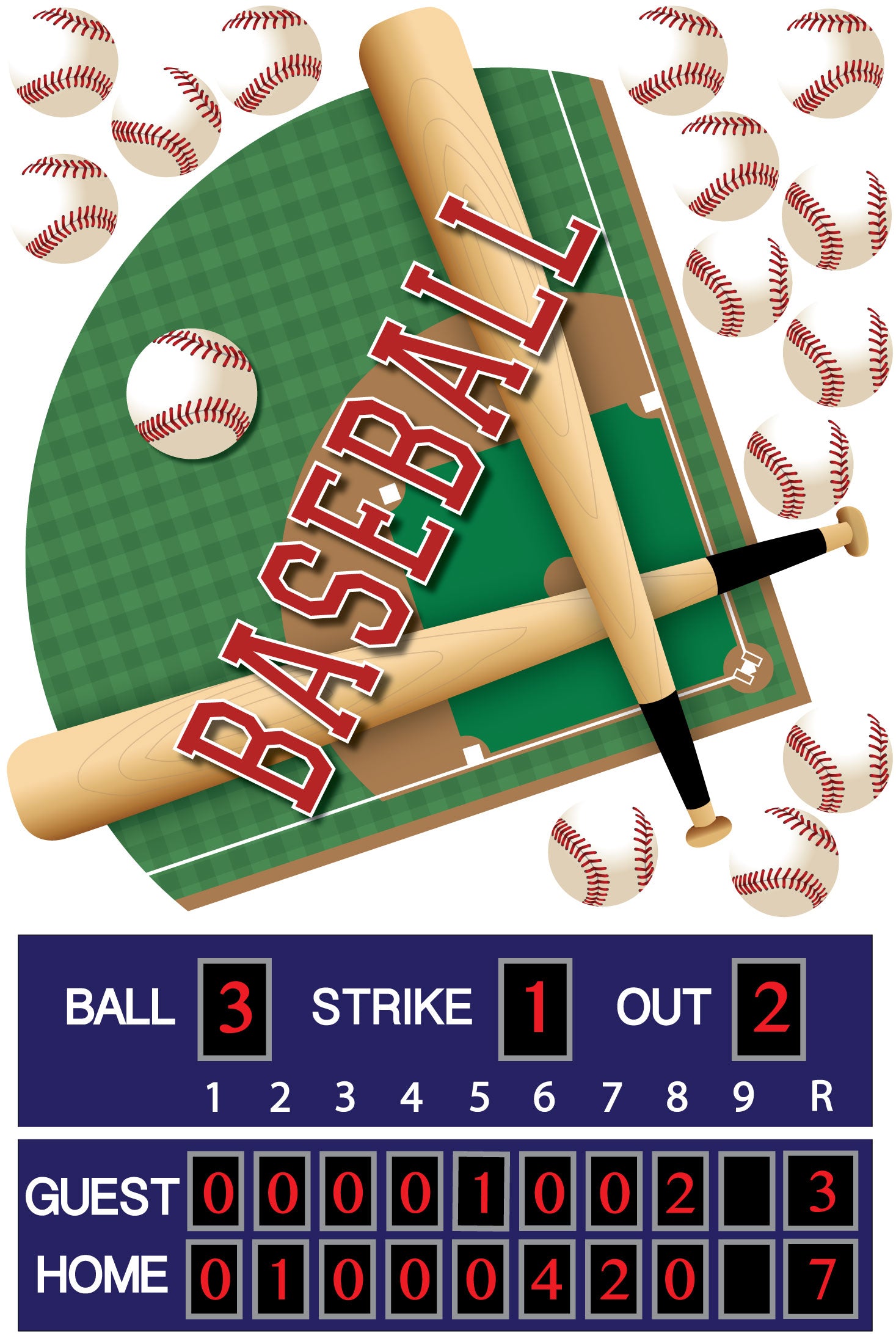 Large Baseball Diamond Wall Decals, Scoreboard and Baseball Wall Decal