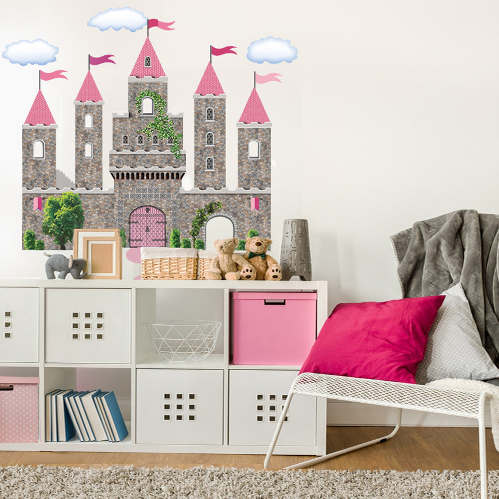 Pink Fairytale Princess Stone Castle Wall Decals with Turrets and Flag