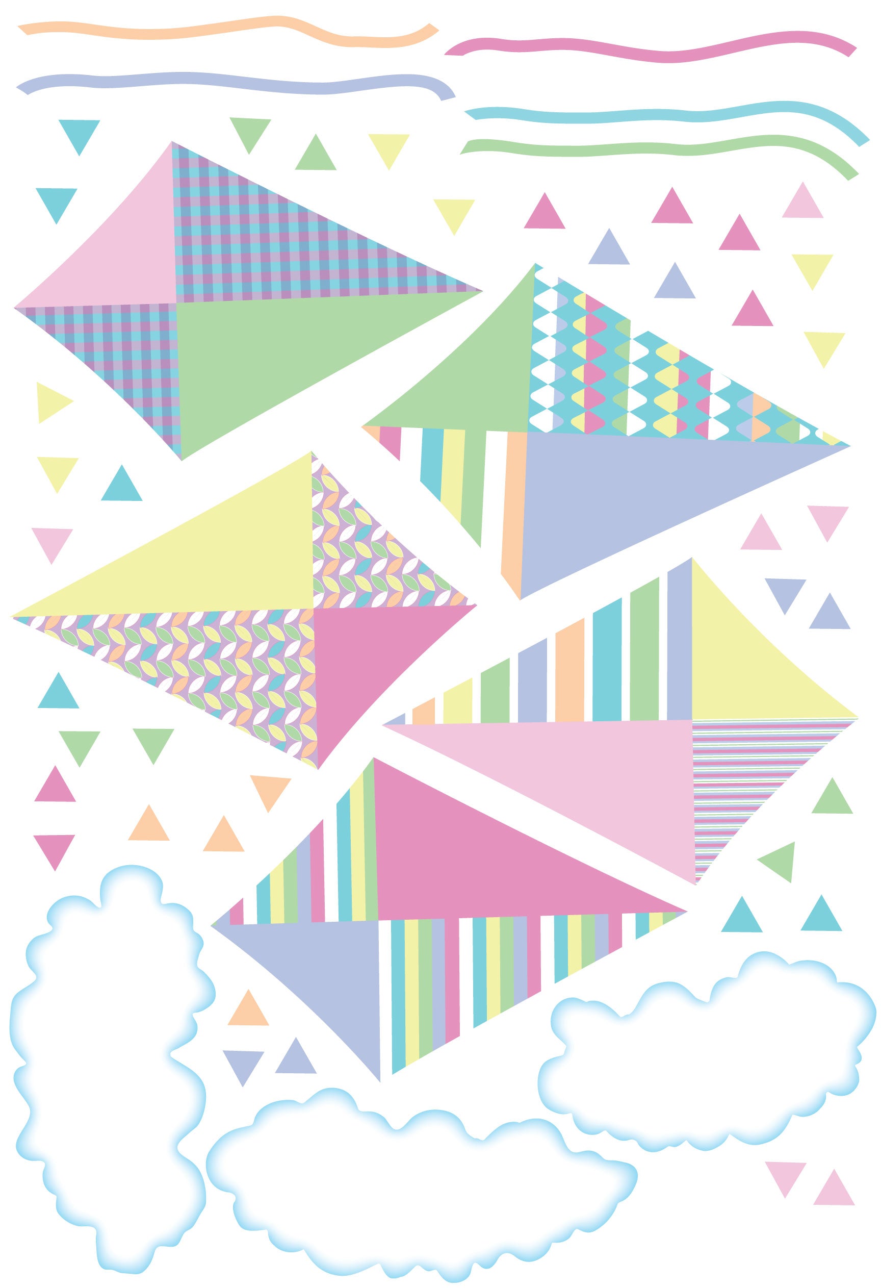 Wall Decals Pastel Kites Fabric Wall Decals with Clouds, Col. 3, Eco F