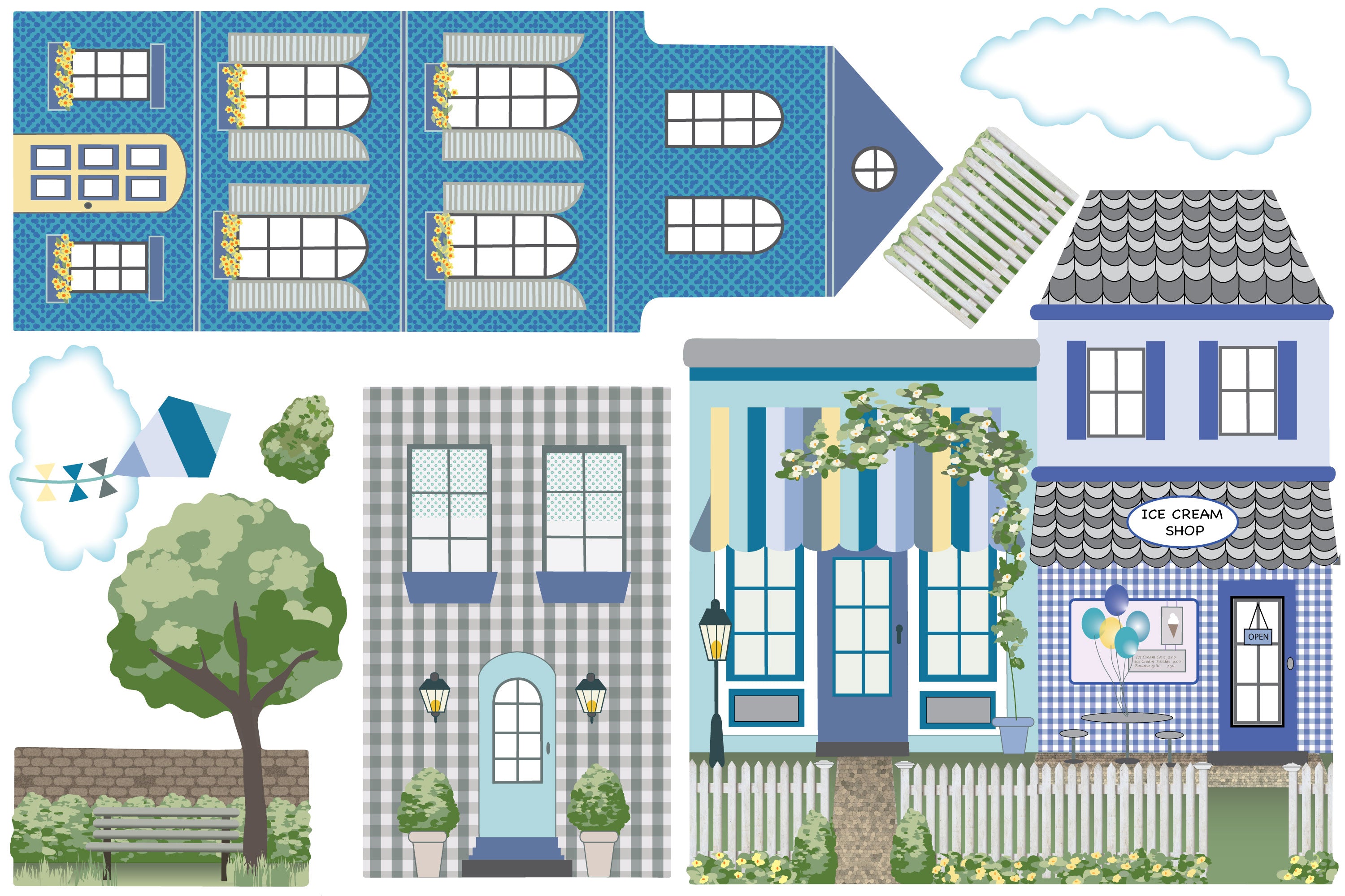 Large Town Wall Decals, Hot Air Balloons & Cloud Wall Decals, Nursery