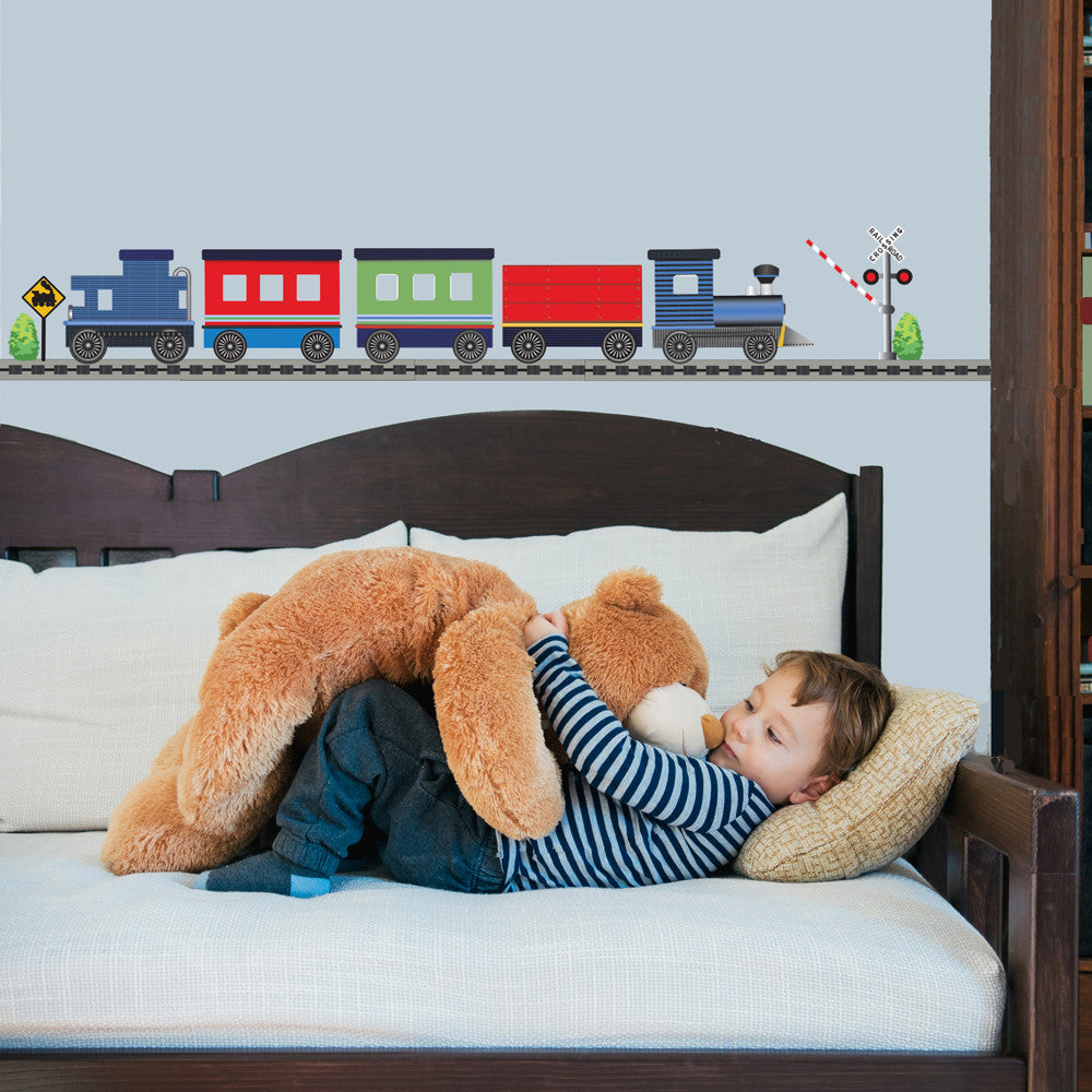 Train Wall Decals, Blue Caboose Freight Trains, Straight RR Track (Rig