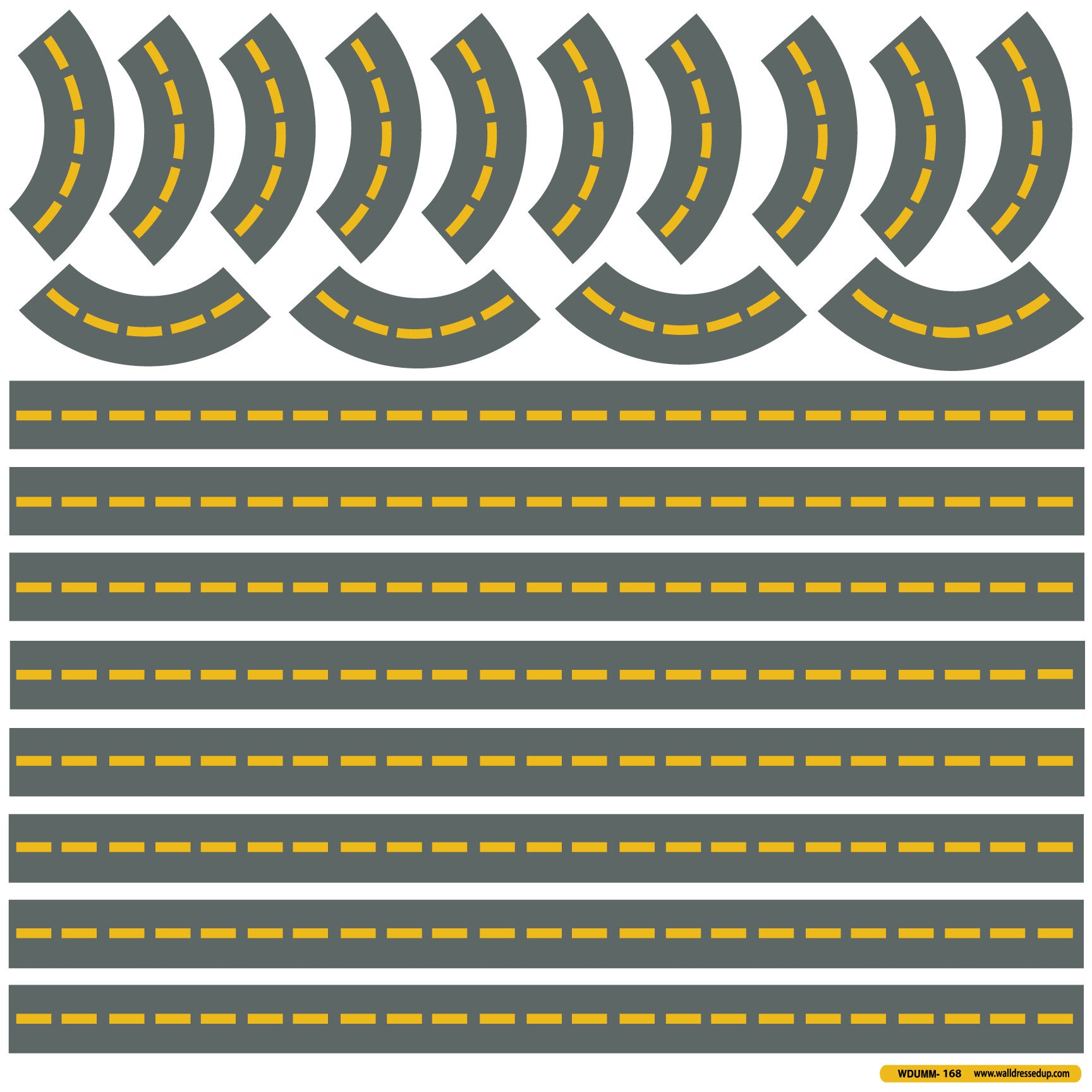 Gray Road Wall Decals with Yellow Lines Curved and Straight, Fabric Wa