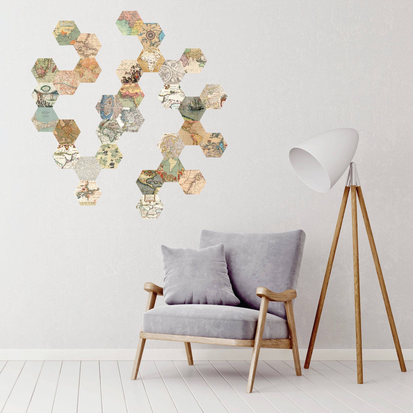 32 Hexagon Map Wall Decals, Peel and Stick Vintage World Map Decals