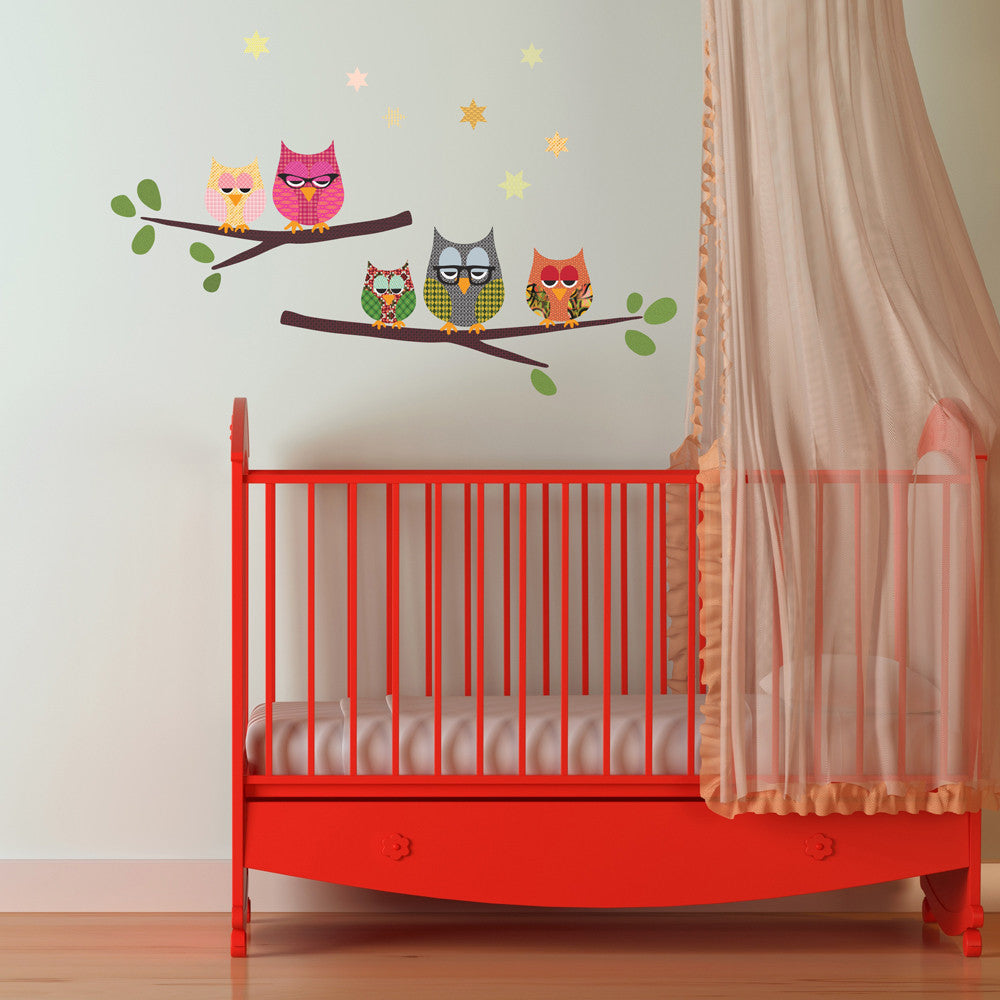 Owl Decals Five Owls on Branch Wall Decals, Eco-Friendly Fabric Wall S