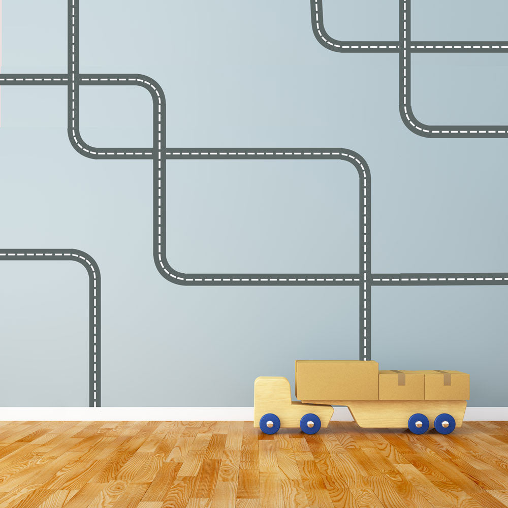 Gray Road Wall Decals with White Lines Curved and Straight, Fabric Wal